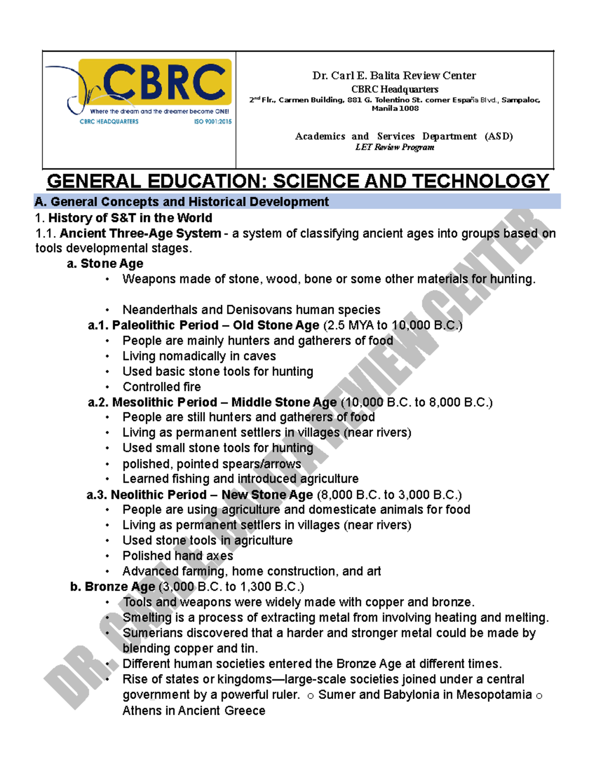 STS handout - Dr. Carl E. Balita Review Center CBRC Headquarters 2 nd ...