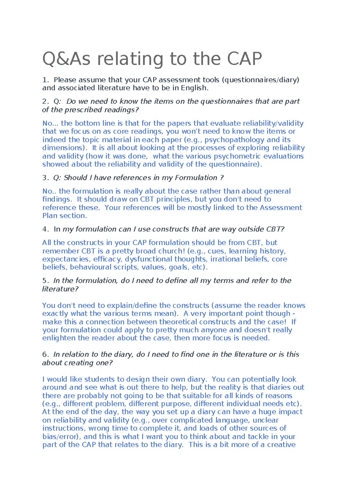 Questions and Answers for CAP - Q&As relating to the CAP Please assume ...