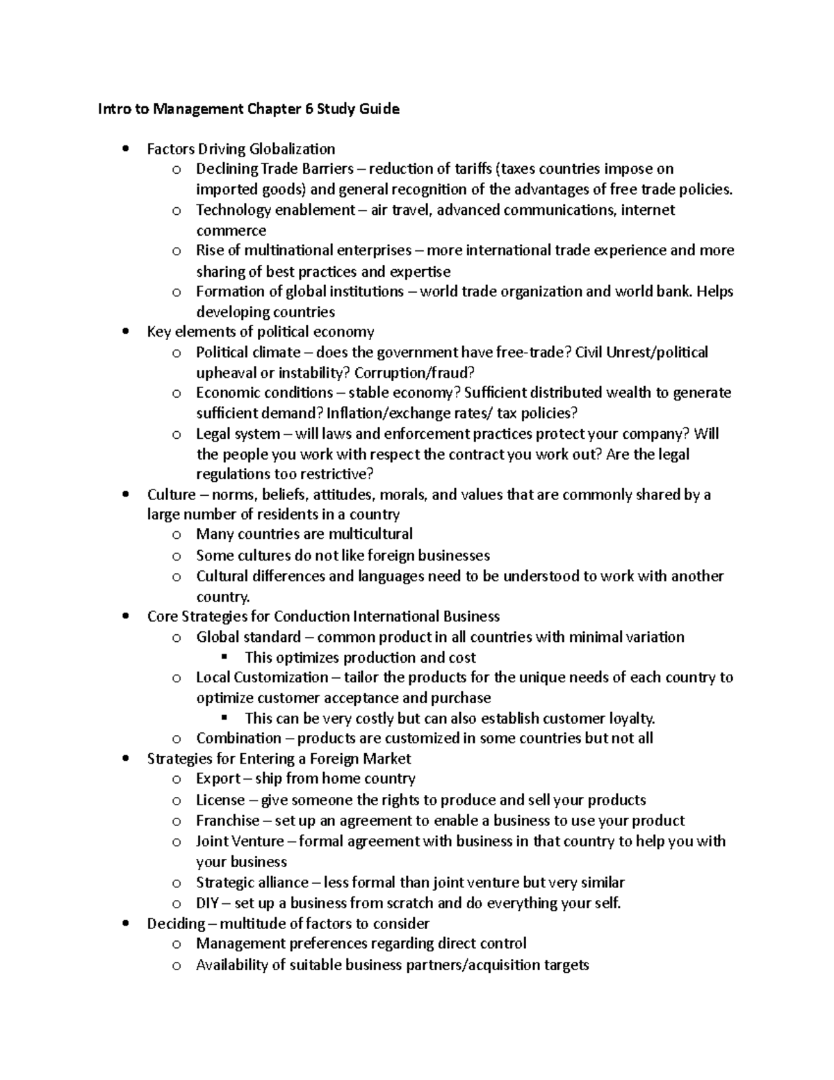 Intro to Management Chapter 6 Study Guide - o Technology enablement ...