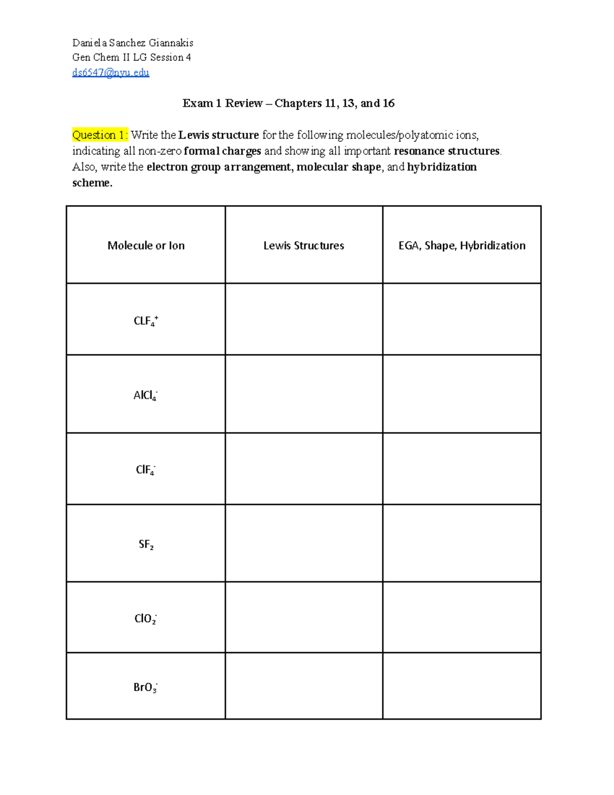 Gen chem II LG iv - exam 1 review - Gen Chem II LG Session 4 ds6547@nyu ...