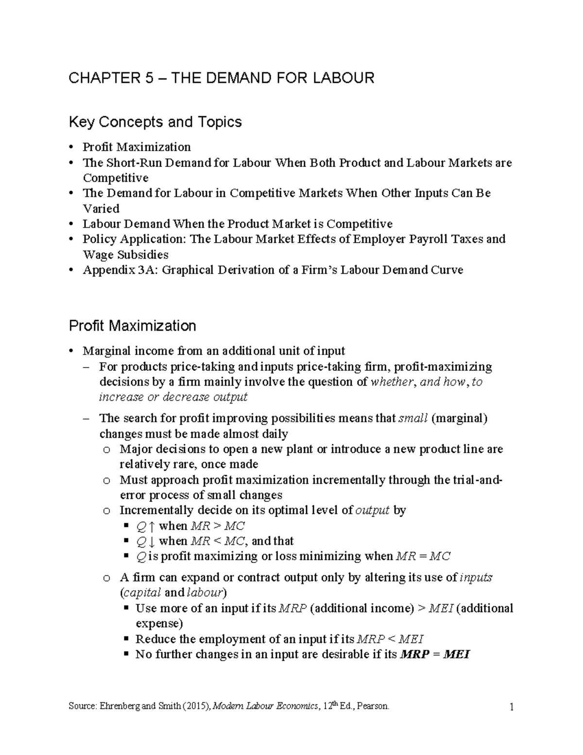 Comm 220 Ch 5 - Notes - CHAPTER 5 – THE DEMAND FOR LABOUR Key Concepts ...