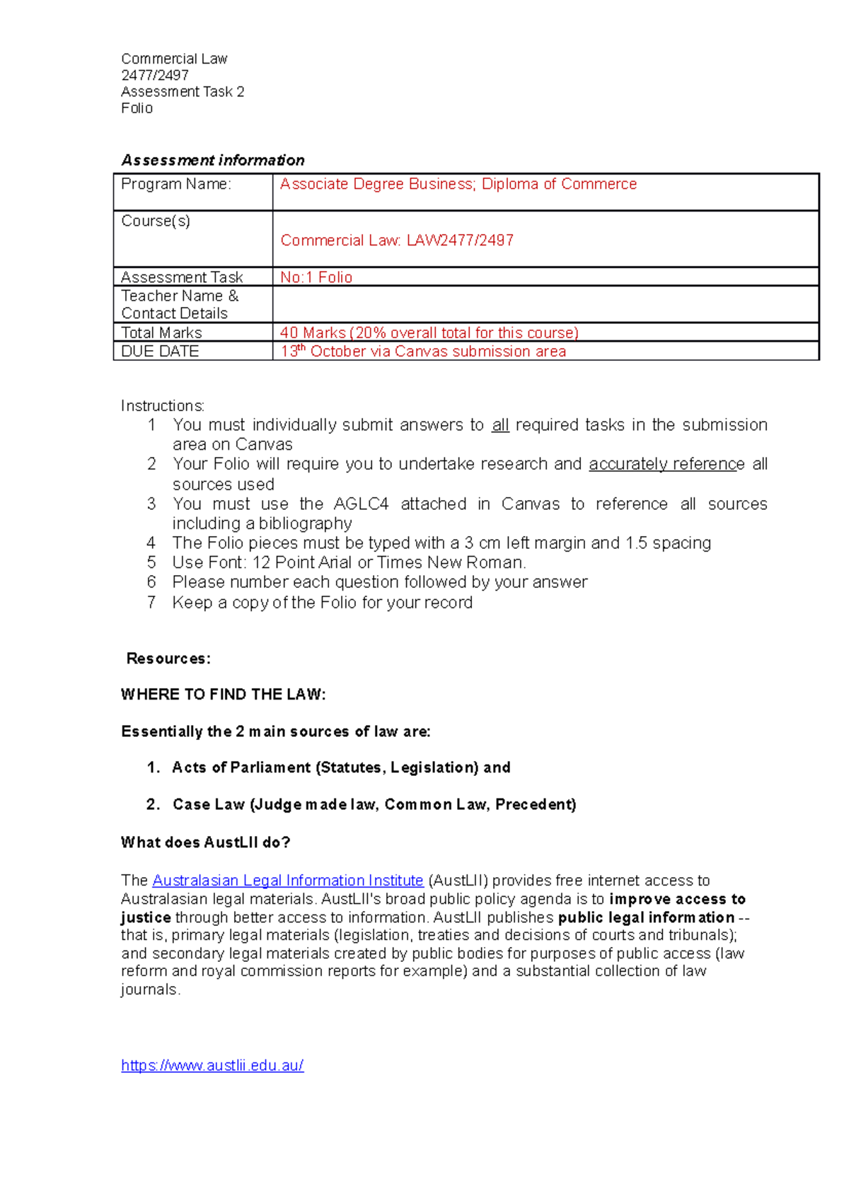 Final Commercial Law Folio Assess 1 - 2477/ Assessment Task 2 Folio Assessment information ...