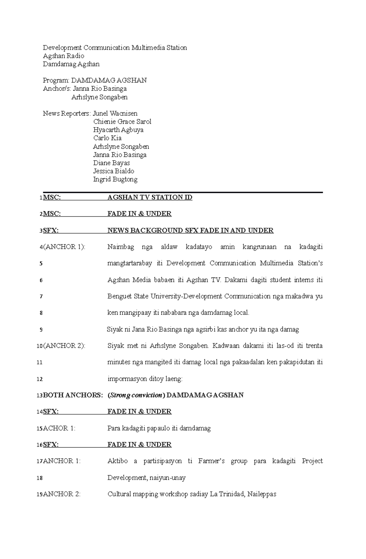 1 NEWS Script - Development Communication Multimedia Station Agshan ...