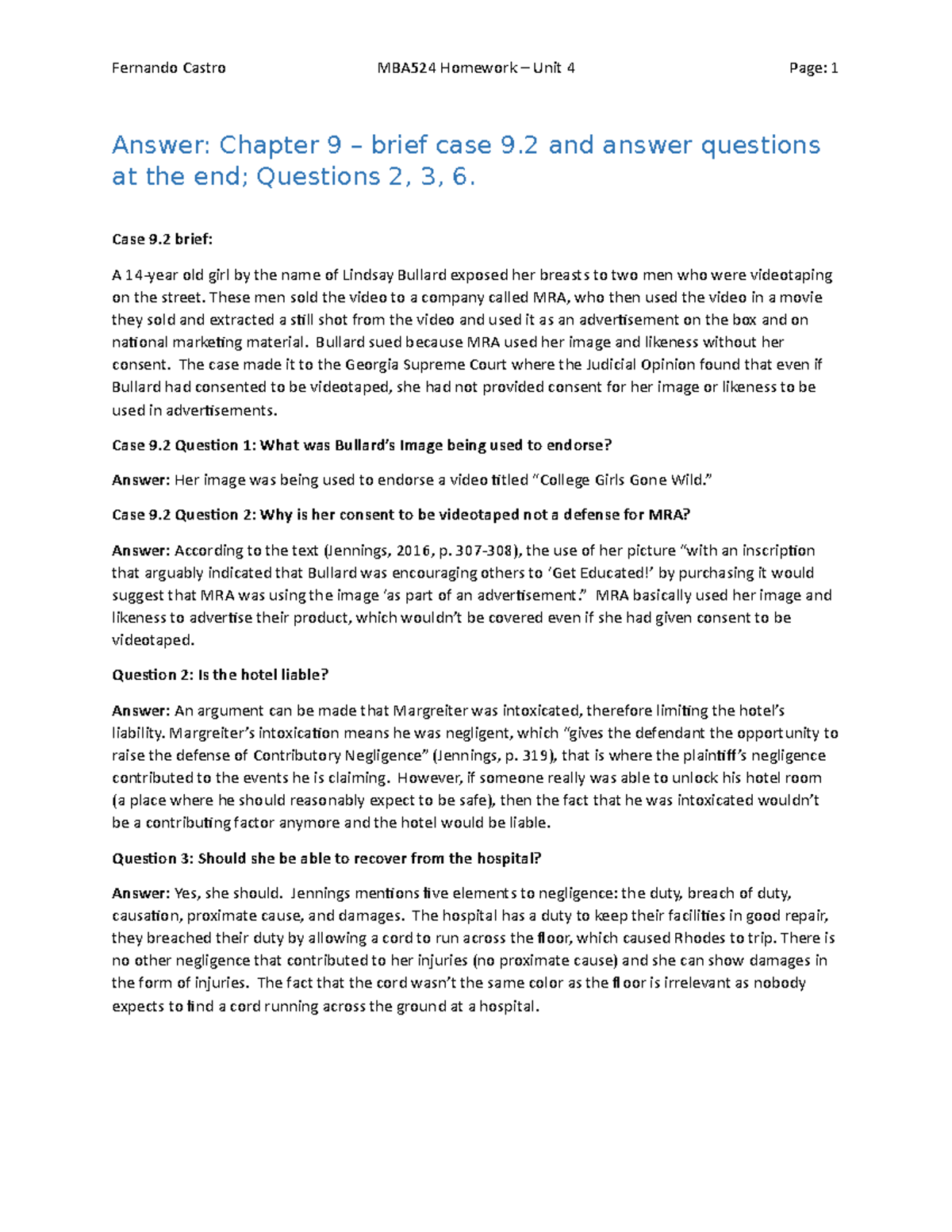 Unit 4 Homework - Fernando Castro MBA524 Homework – Unit 4 Page: 1 ...