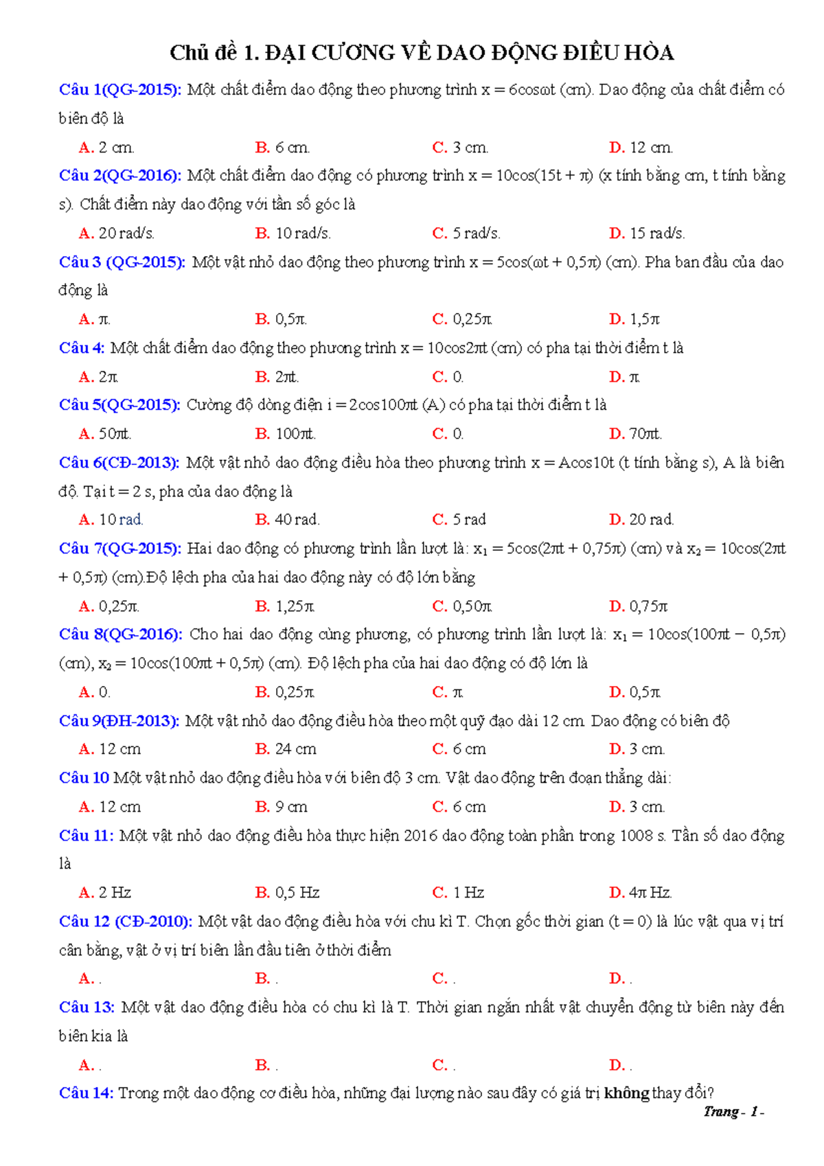 Chu De 1 Dai Cuong Ve Dao Dong Dieu Hoa - Chủ đề 1. ĐẠI CƯƠNG VỀ DAO ĐỘNG ĐIỀU HÒA Câu 1(QG-2015 ...