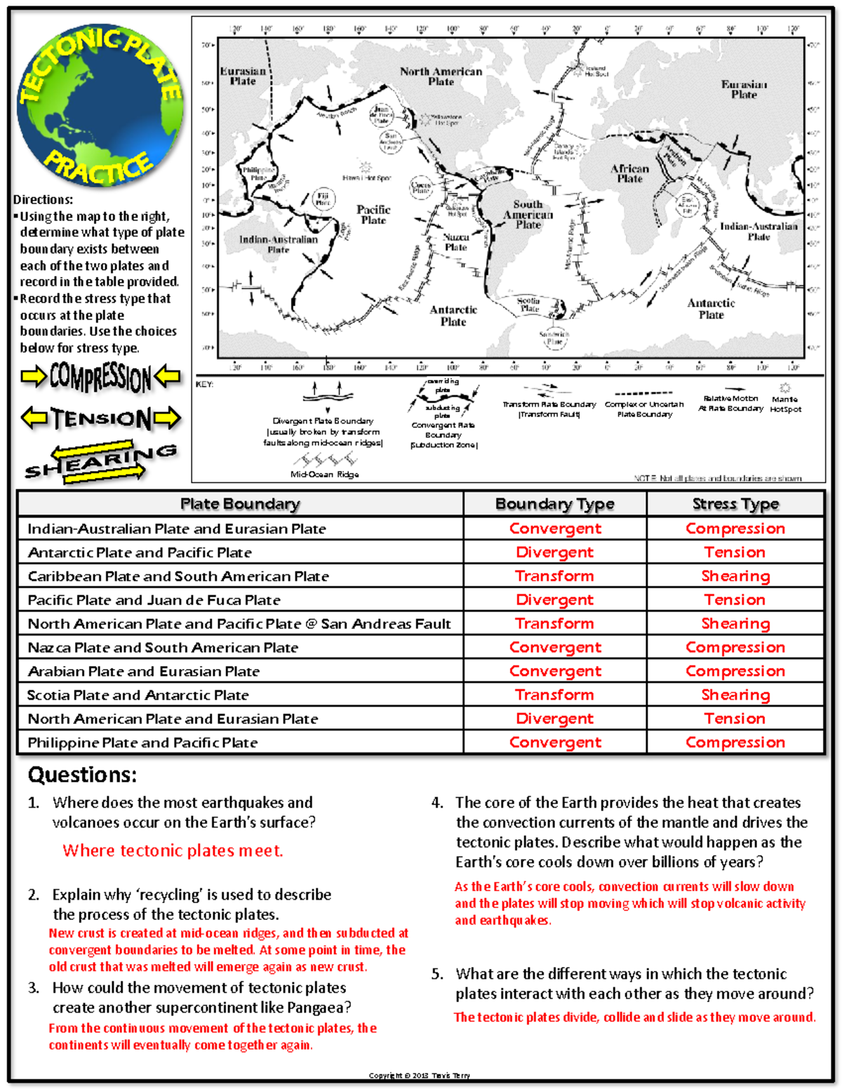 Plate Tectonics Problem Set - Answer Key - Plate Boundary Boundary Type ...