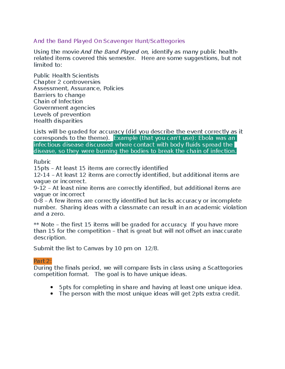 Public Health Activity - And the Band Played On Scavenger Hunt ...