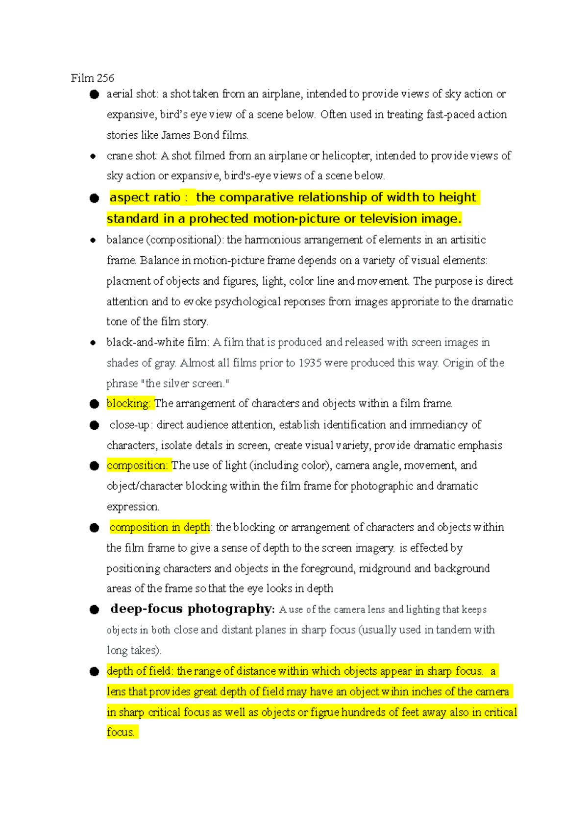Intro to film- class note - Film 256 aerial shot: a shot taken from an ...