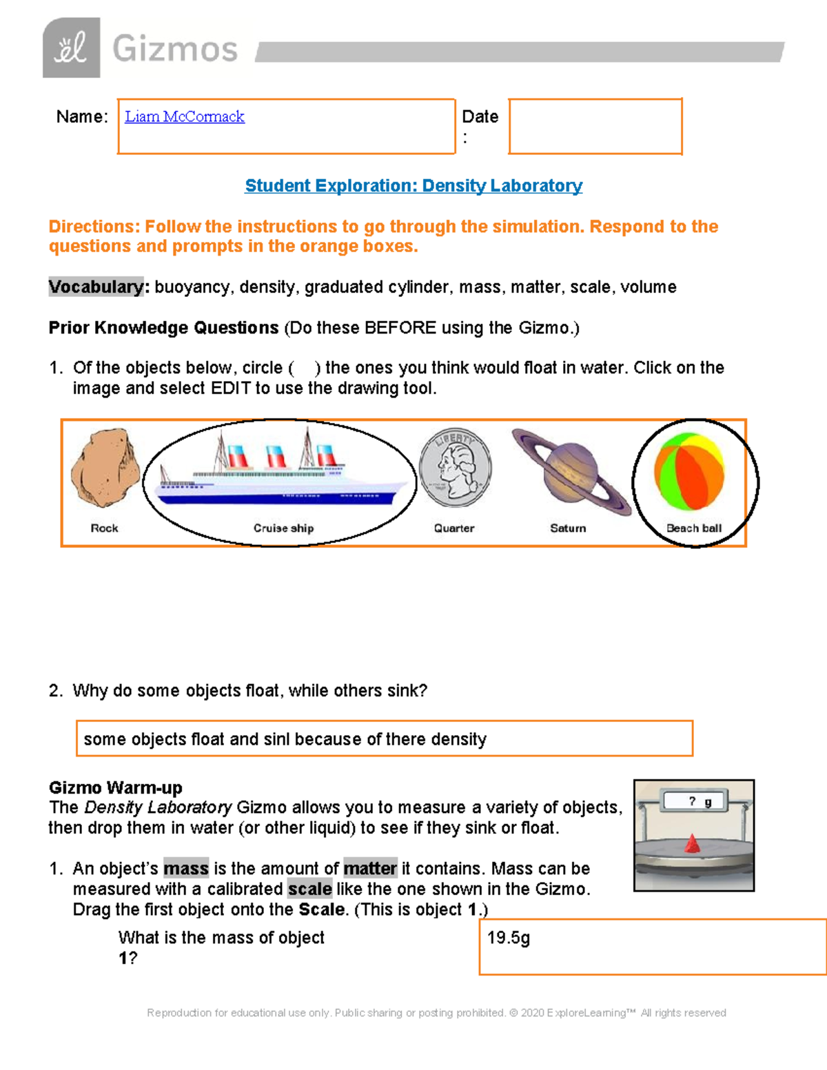 Liam Mc Cormack - Density Gizmo - Name: Liam McCormack Date : Student ...