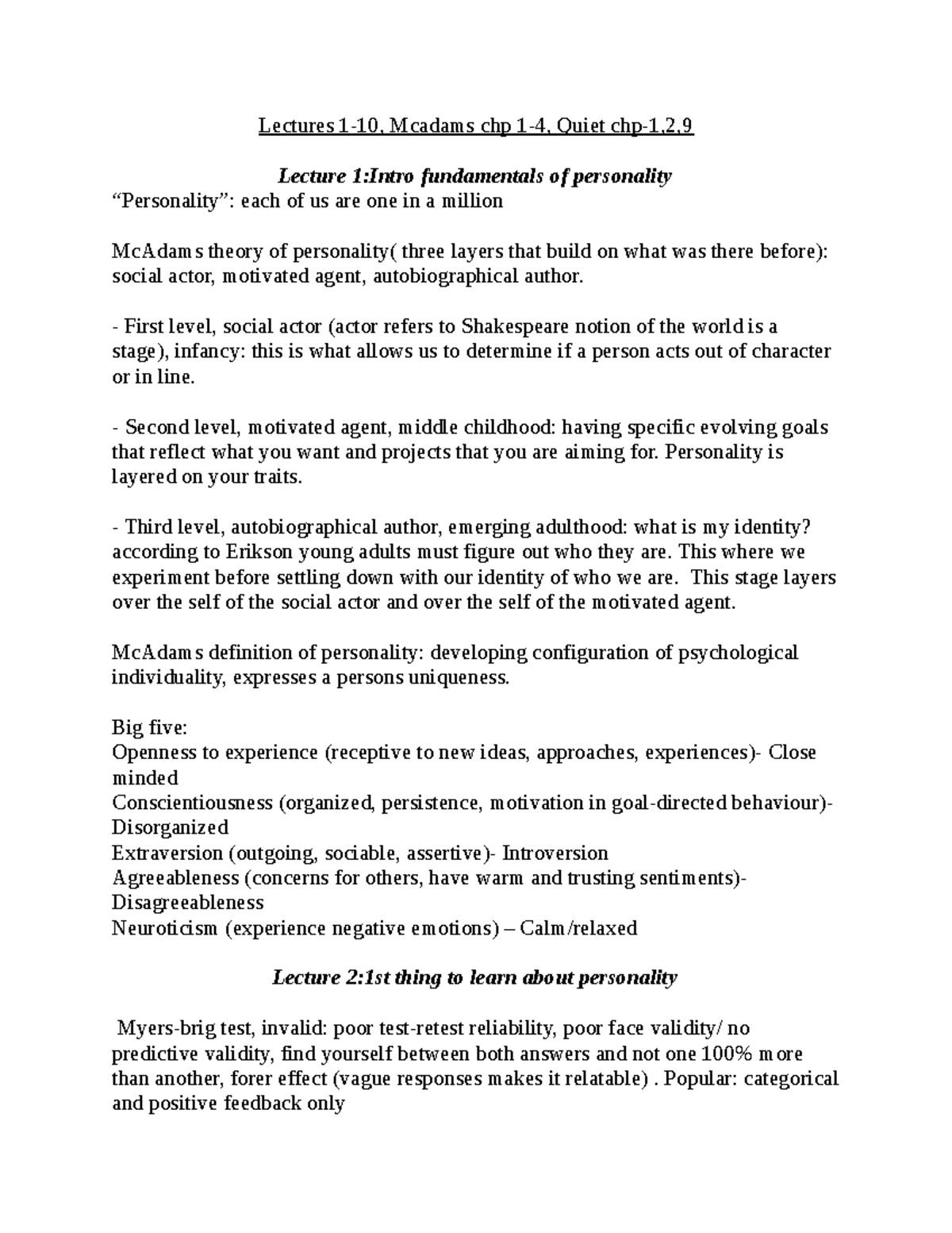 Psyc 321 review exam 1 - note - Lectures 1-10, Mcadams chp 1-4, Quiet ...
