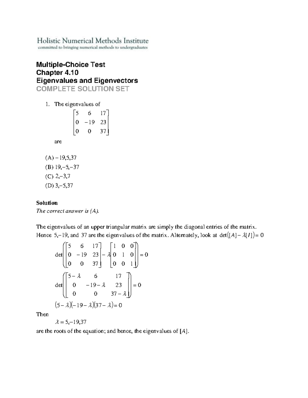 Quiz 04sle eigenvaluesandeigenvectors solution - Multiple-Choice Test ...