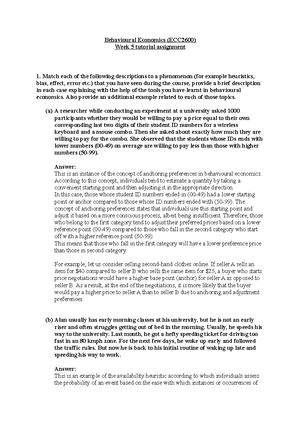 Tutorial 4 Answer sheet - Behavioral Economics (ECC2600) Week 4 ...