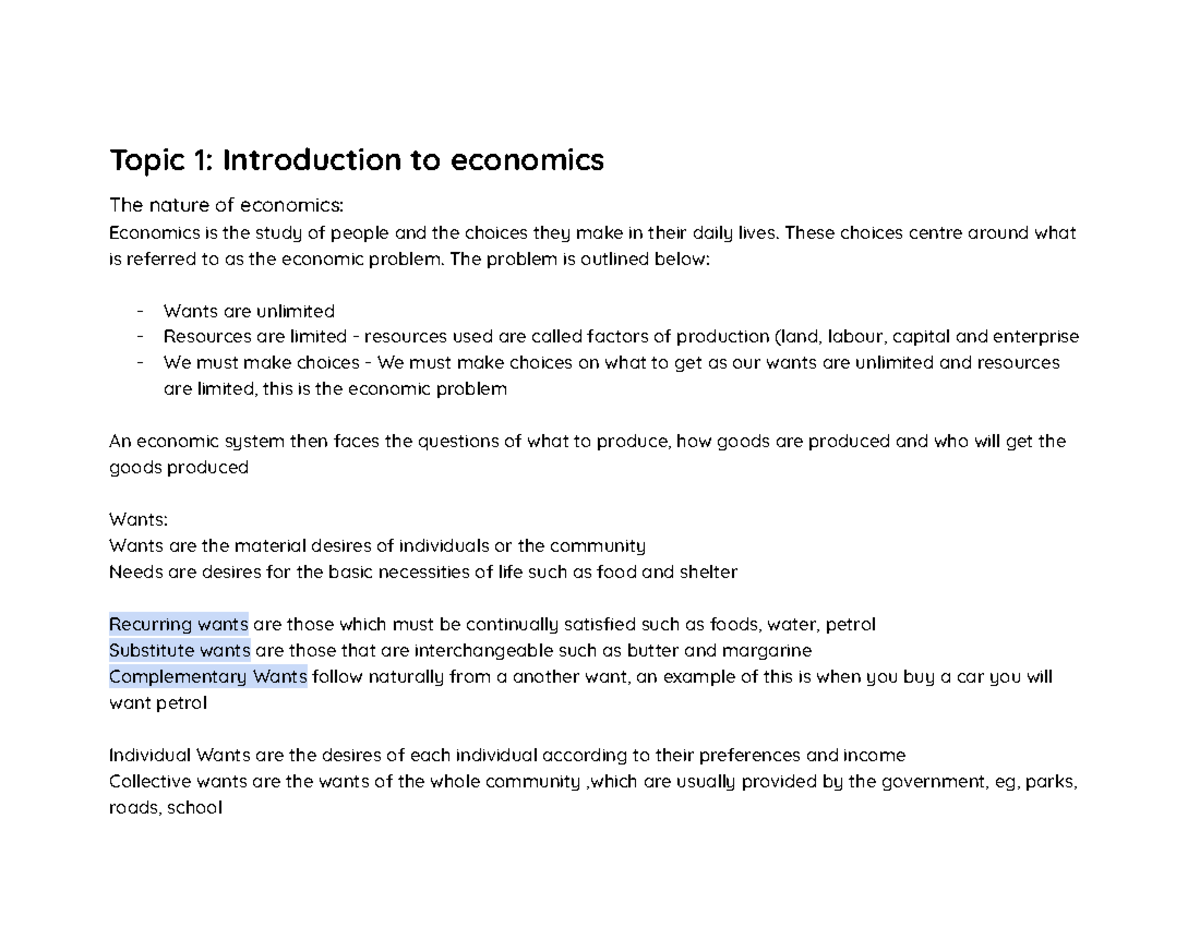 Economics Preliminary Course Notes - Topic 1: Introduction to economics ...