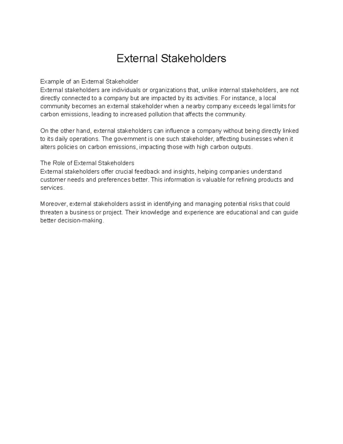 What are external stakeholders - External Stakeholders Example of an ...