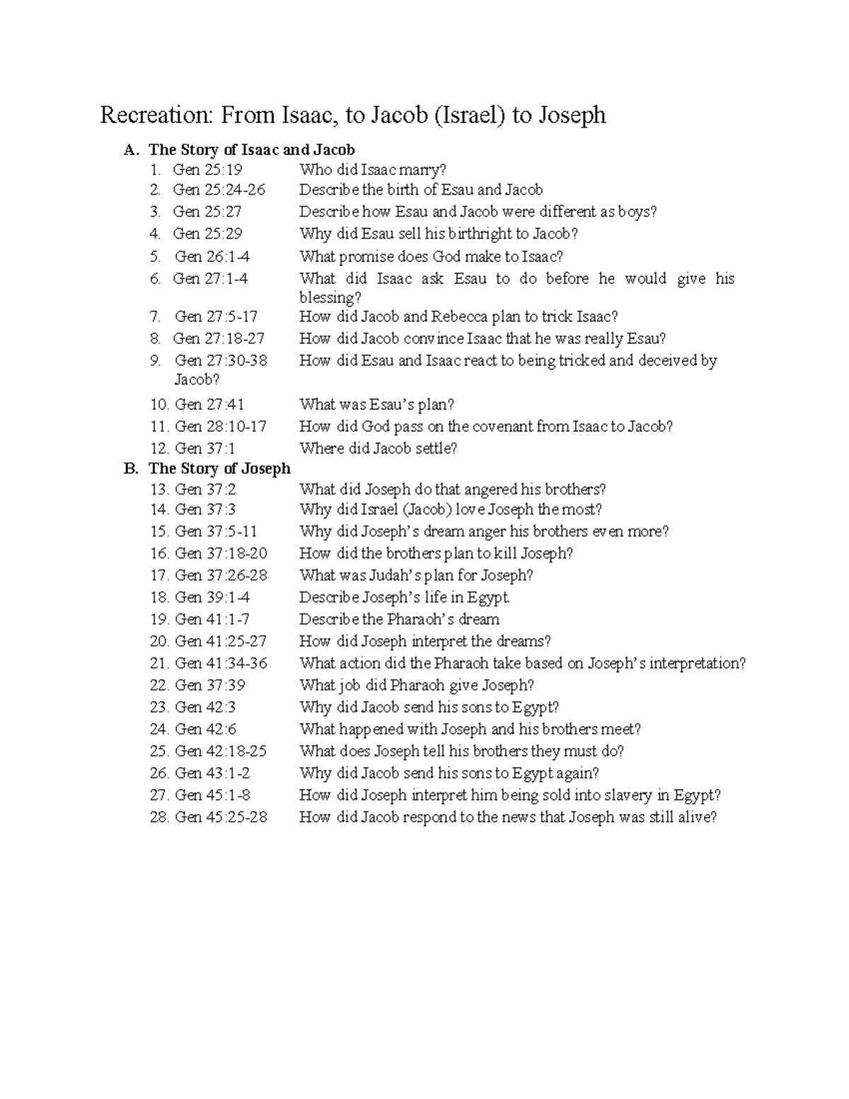 Gr 9- Unit 2- Isaac to Joseph questions - Recreation: From Isaac, to ...