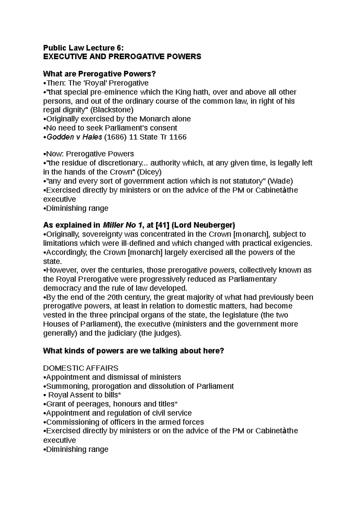 Lecture 6 executive and prerogative powers - Public Law Lecture 6 ...