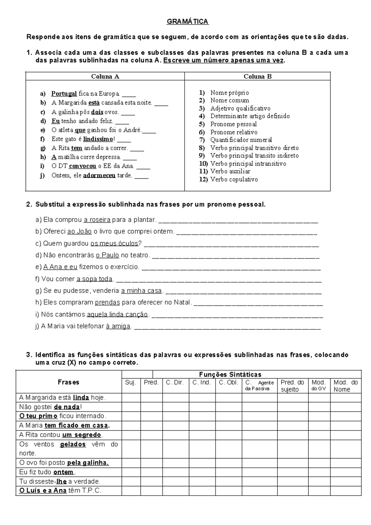 Ficha de gramática 7ºano - GRAMÁTICA Responde aos itens de gramática ...