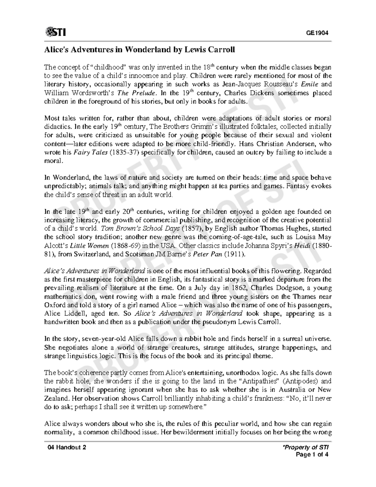 04 Handout 2 - 04 Handout 2 *Property of STI Alice's Adventures in ...