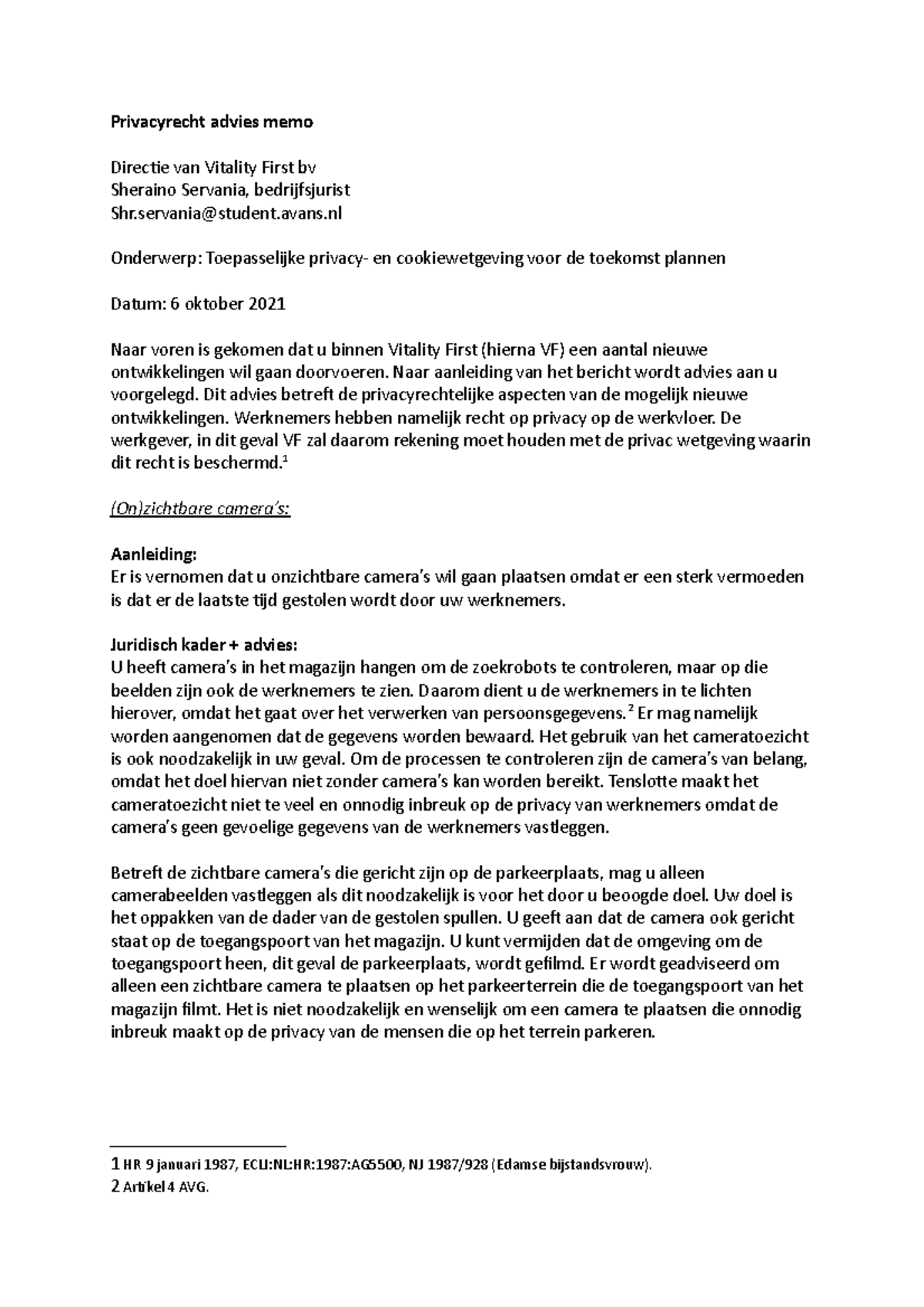 Privacyrecht advies memo minor bedrijfsjurist - Ondernemingsrecht ...