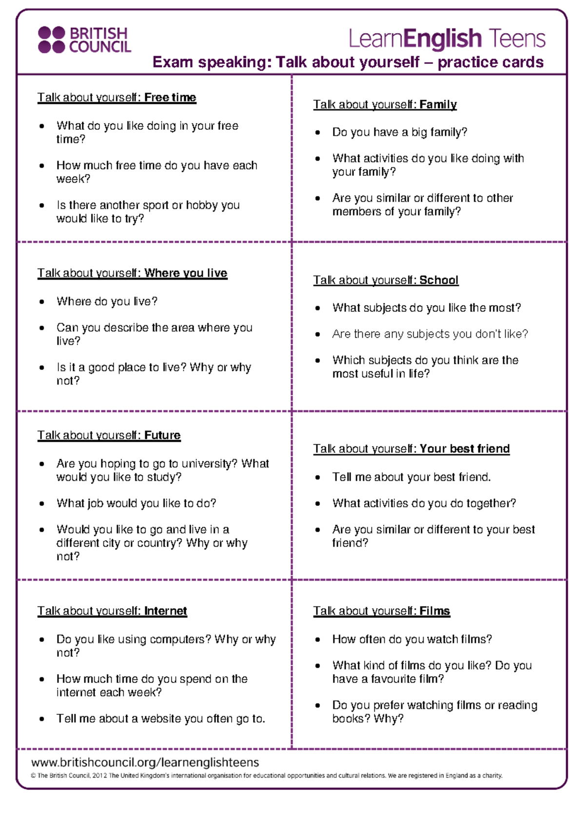 Talk about yourself - practice cards - Talk about yourself: Free time ...