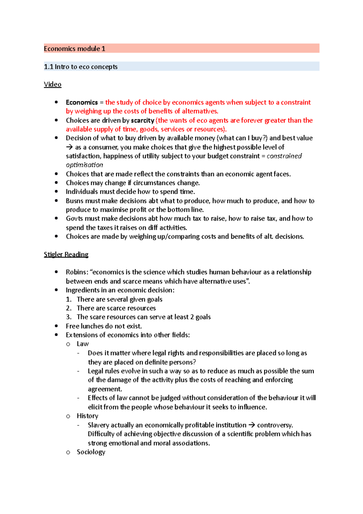 Everyday Economics Module 1 Summary Notes. HD student. - Economics ...