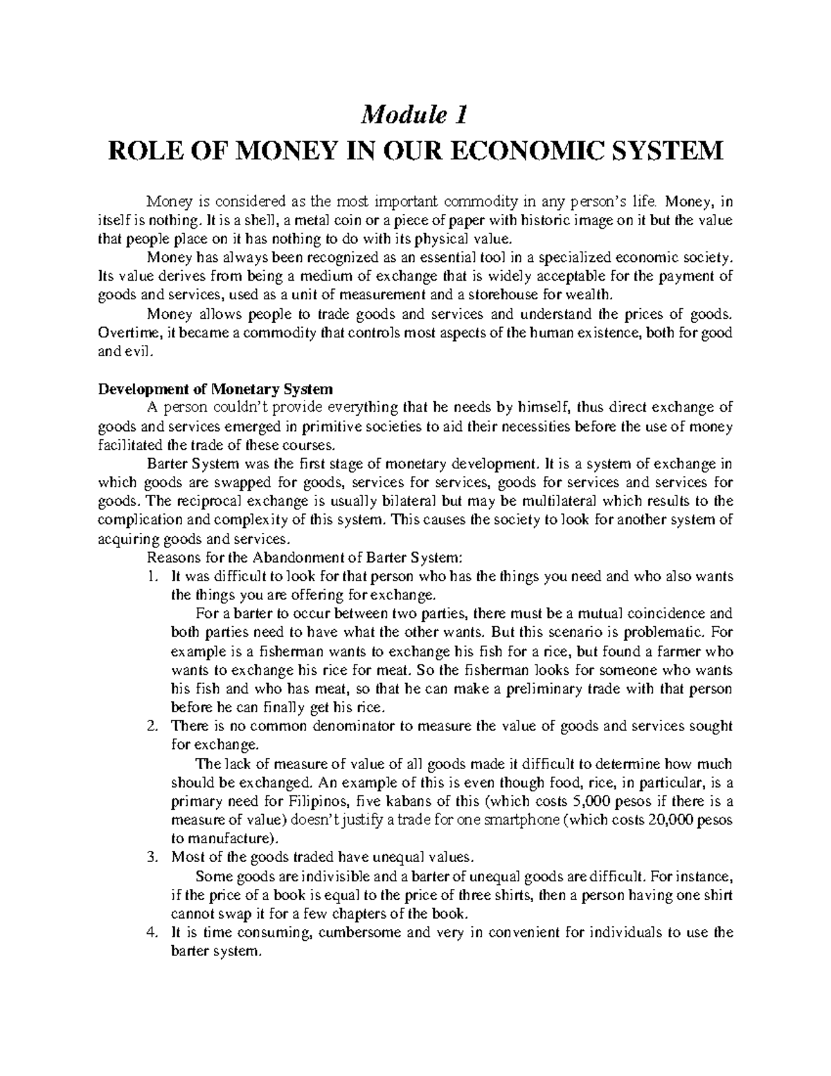 Module 1 - ROLE OF Money IN OUR Economic System - Module 1 ROLE OF ...