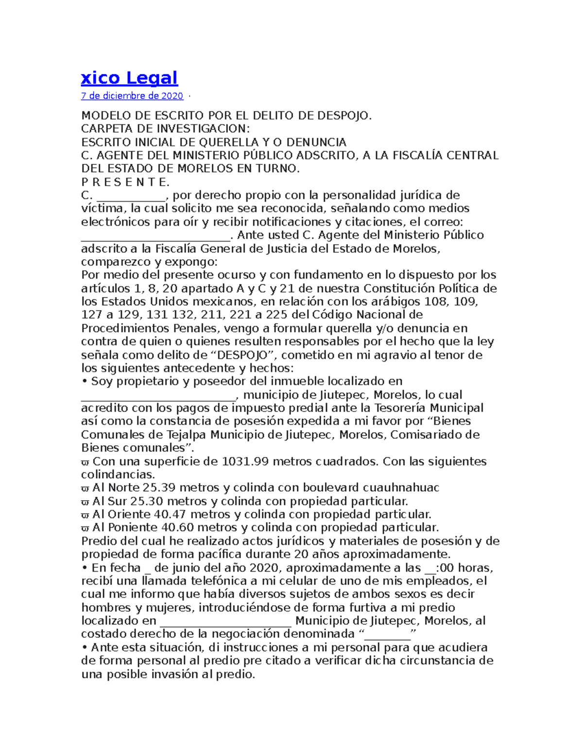 Escrito De Demanda Xico Legal 7 De Diciembre De 2020 · Modelo De
