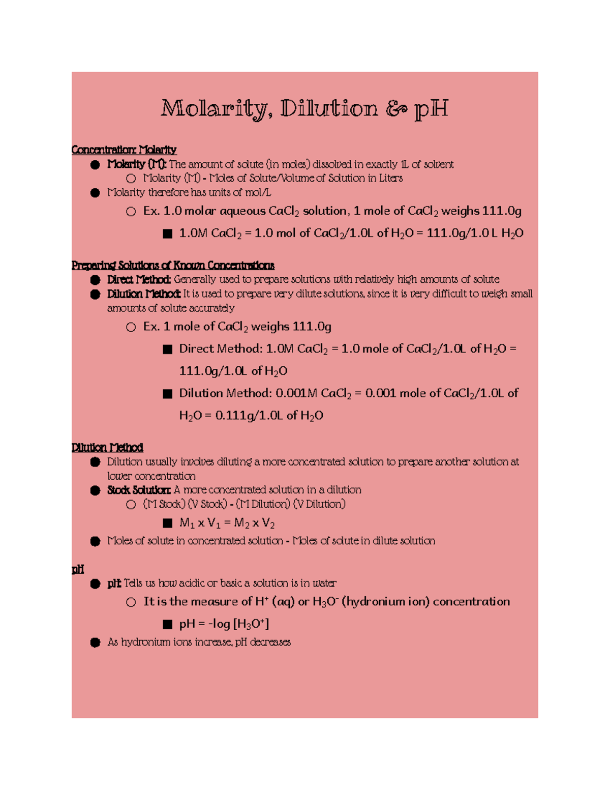 4.3 Notes - Molarity, Dilution & pH Concentration: Molarity Molarity (M ...
