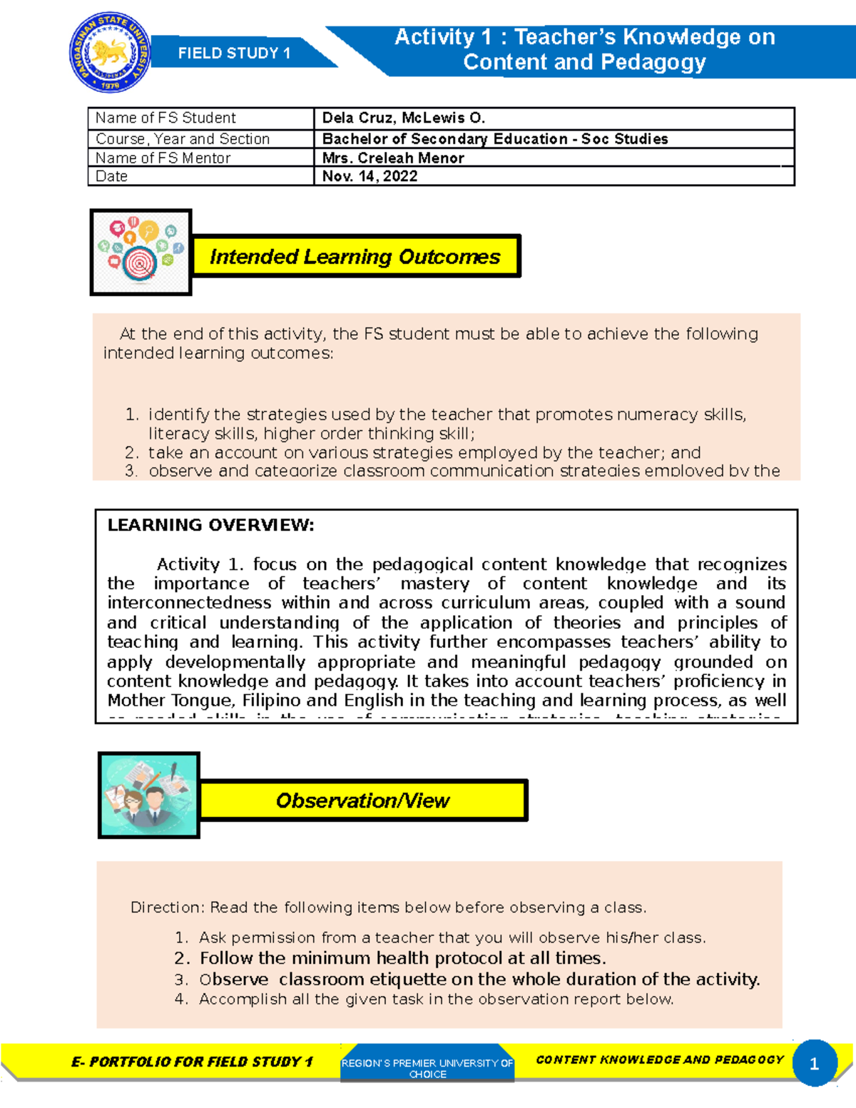 FS1-Activity-1 - activities - FIELD STUDY 1 E- PORTFOLIO FOR FIELD ...