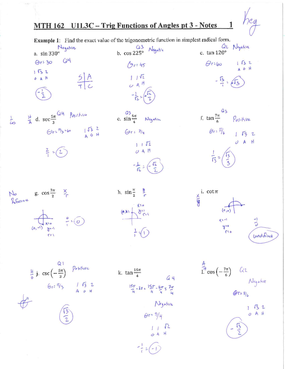 U1L3C - Trigonometric Functions of Angles part 3 Notes SY20 - MTH 162 ...