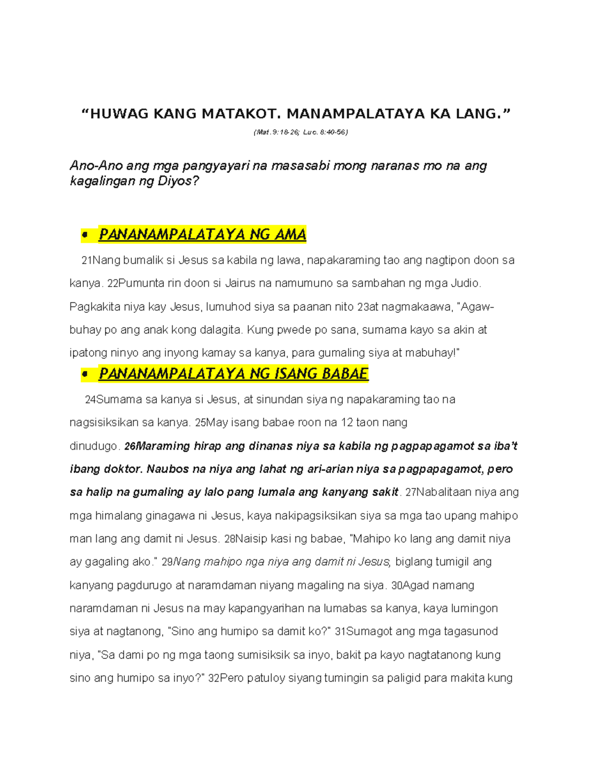 Huwag KANG Matakot ( Preaching) - “HUWAG KANG MATAKOT. MANAMPALATAYA KA ...
