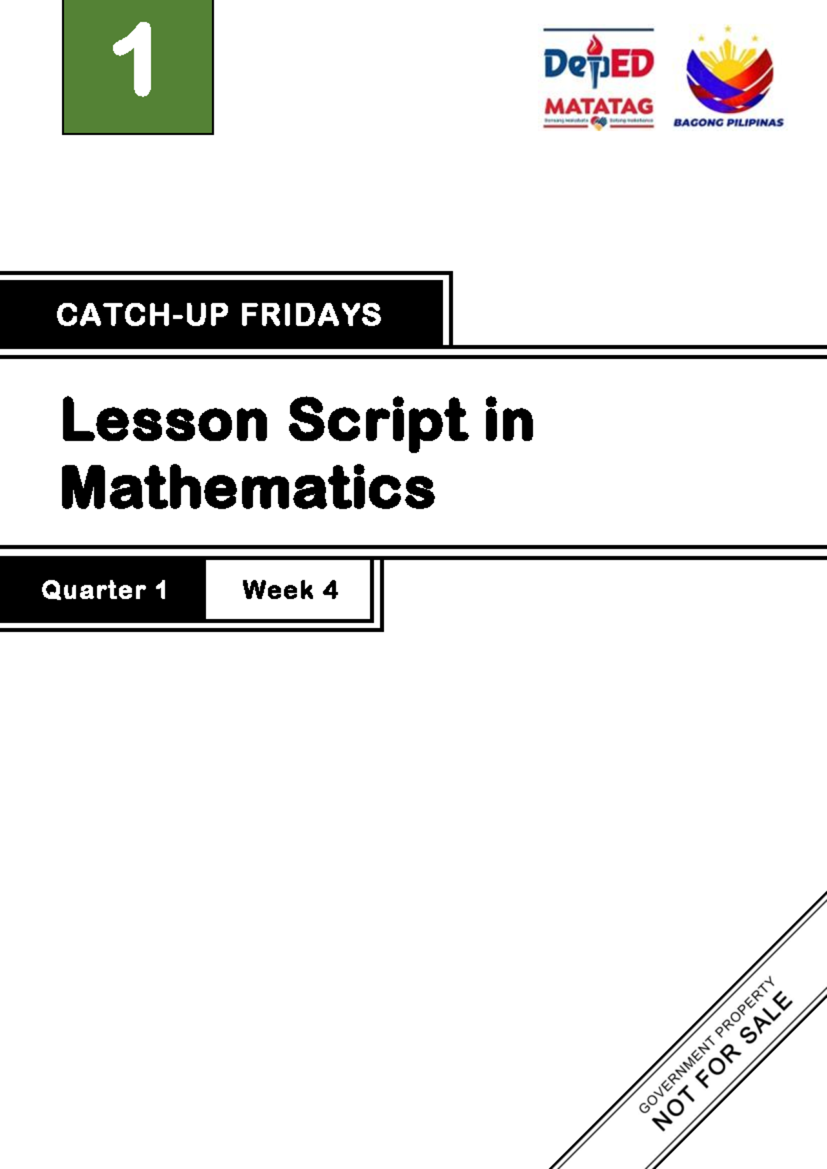 2024 LS Grade 1 CUF Mathematics 1 RVPH Q1 LC7 - 1 Quarter 1 Week 4 CATCH-UP FRIDAYS Lesson ...