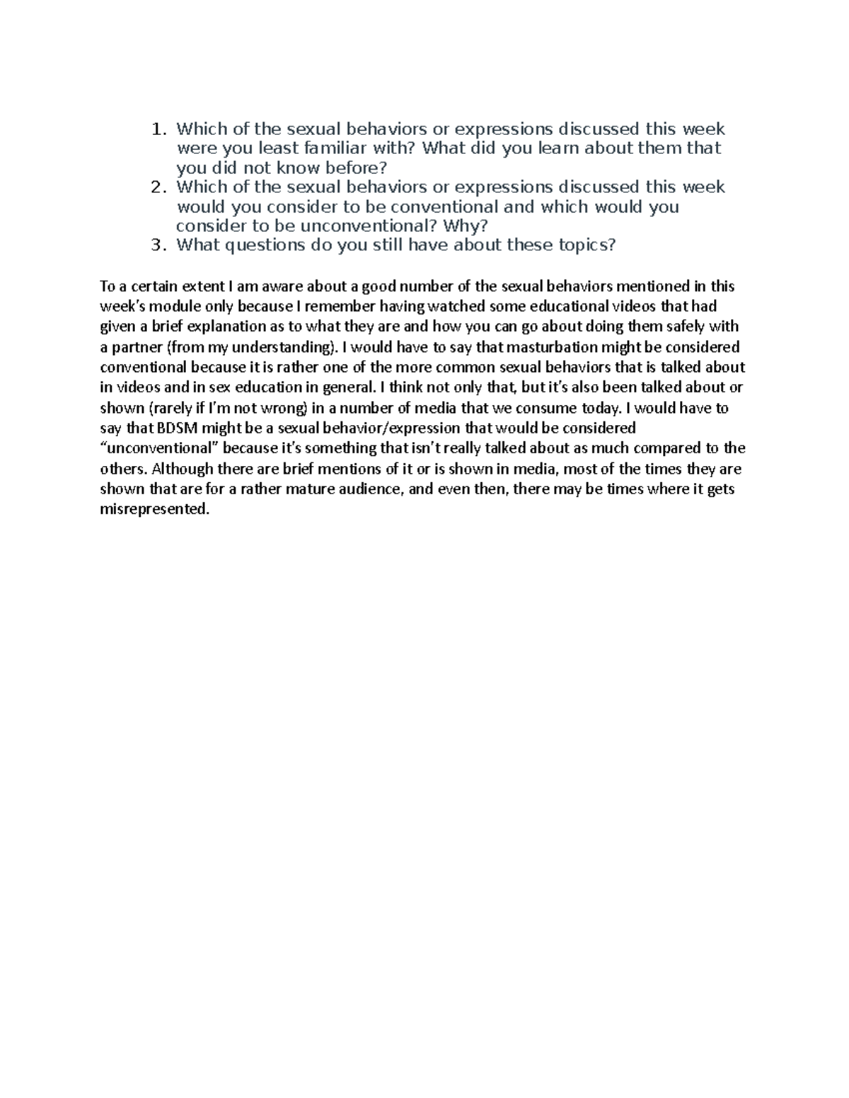 Weekly Reflection - Which of the sexual behaviors or expressions ...