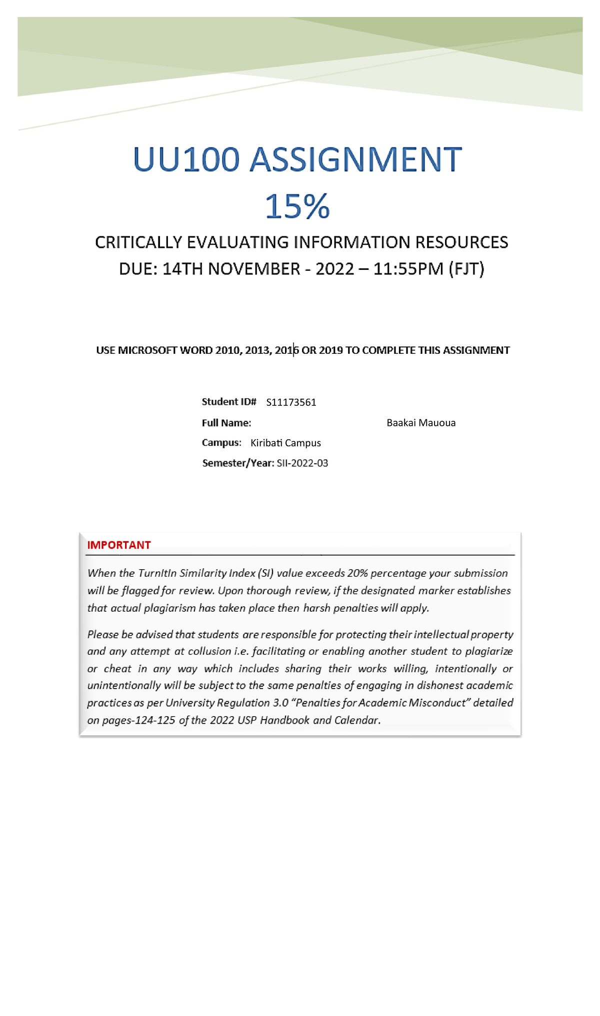 Assignment Template - SII-2022-03 - S Baakai Mauoua Kiribati Campus ...