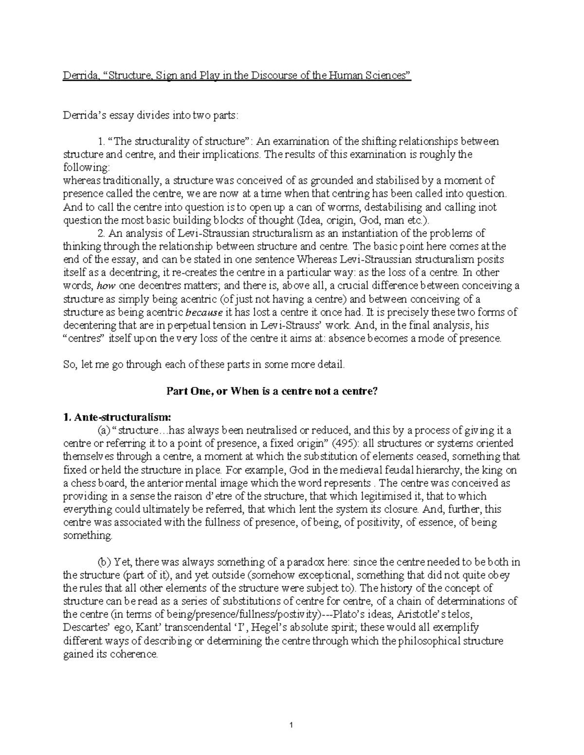 Notes on Derrida Structure Sign and Play MA EC 3 Unit 2 - Derrida ...