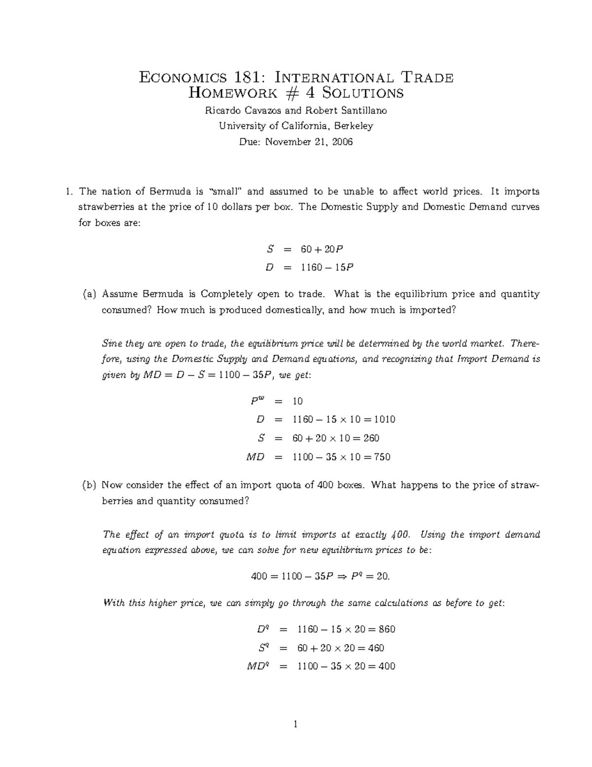 Hw4 solutions - International trade - Economics 181: International ...