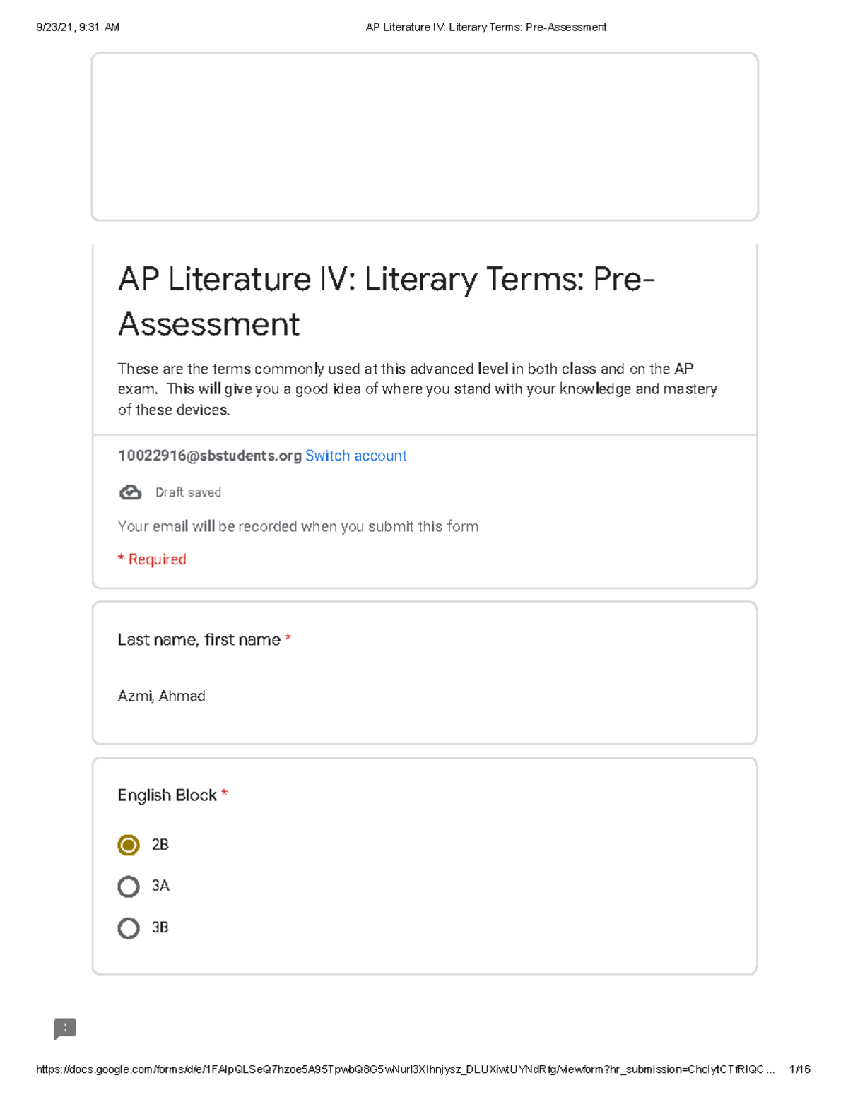 AP Literature IV Literary Terms Pre-Assessment - - Studocu