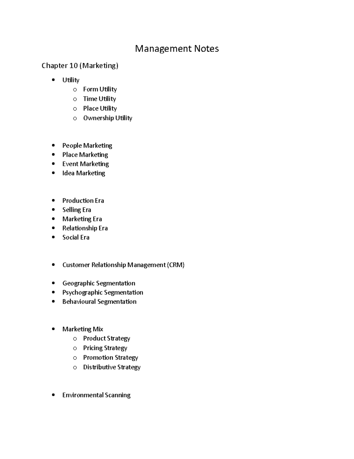 Management Notes - Management Notes Chapter 10 (Markeing) Uility o Form ...