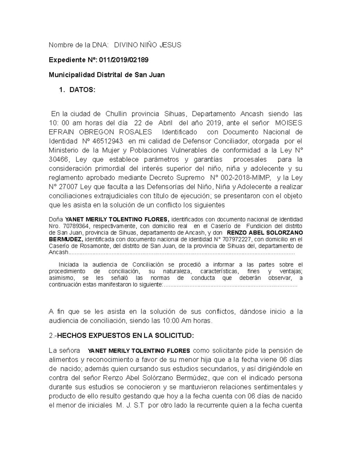 Acta conciliacion Yanet - Nombre de la DNA: DIVINO NIÑO JESUS Expediente Nº: 011/2019 ...