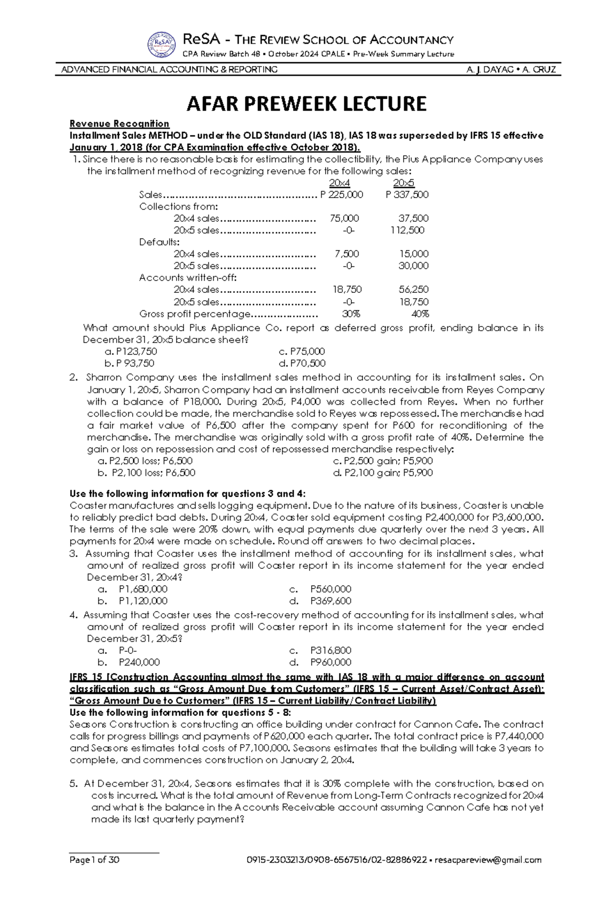 AFAR RESA - Credits to RESA - ReSA - THE REVIEW SCHOOL OF ACCOUNTANCY CPA Review Batch 4 8 ...
