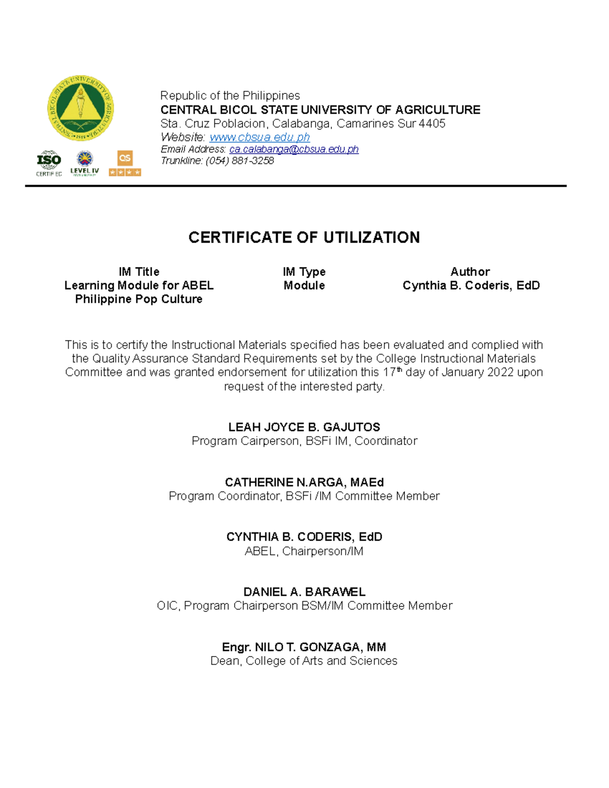 Certification 2 - essay - CENTRAL BICOL STATE UNIVERSITY OF AGRICULTURE ...