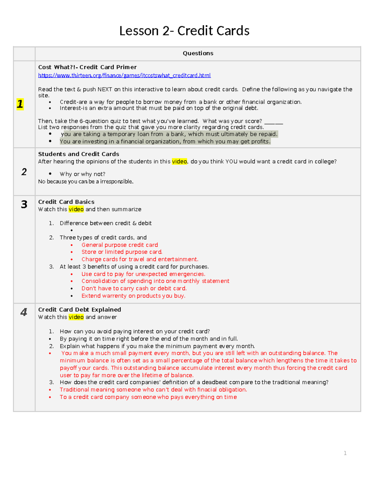 Lesson 2- Credit Cards Student Activity - Lesson 2- Credit Cards ...