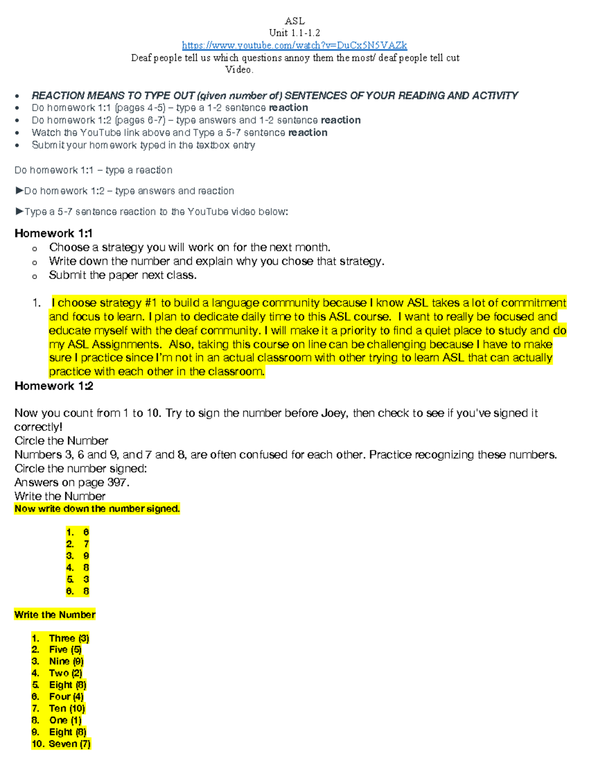 ASL Unit 1.1-1.2 video Unit 1 Reactions & Sentences - ASL Unit 1-1 ...