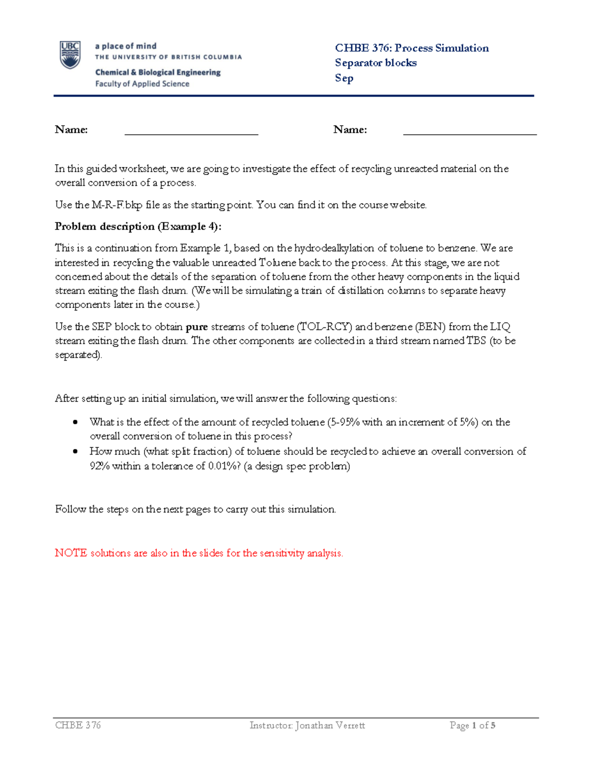 W10 (Example 4) Sep - Worksheet 10 - CHBE 376: Process Simulation ...