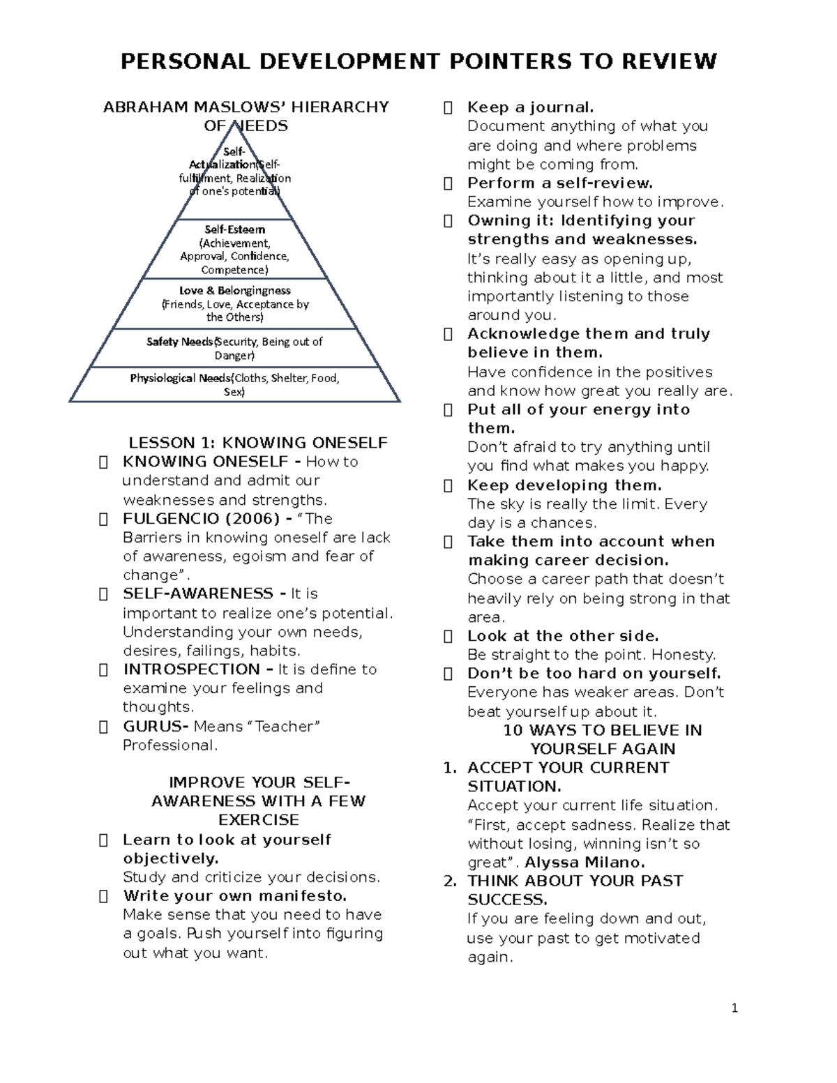 PER DEV Pointers TO Review 1st - ABRAHAM MASLOWS’ HIERARCHY OF NEEDS LESSON 1: KNOWING ONESELF ...