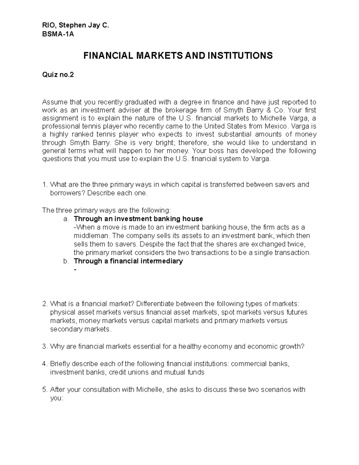 Financial Markets and Institution Quiz no - RIO, Stephen Jay C. BSMA-1A ...