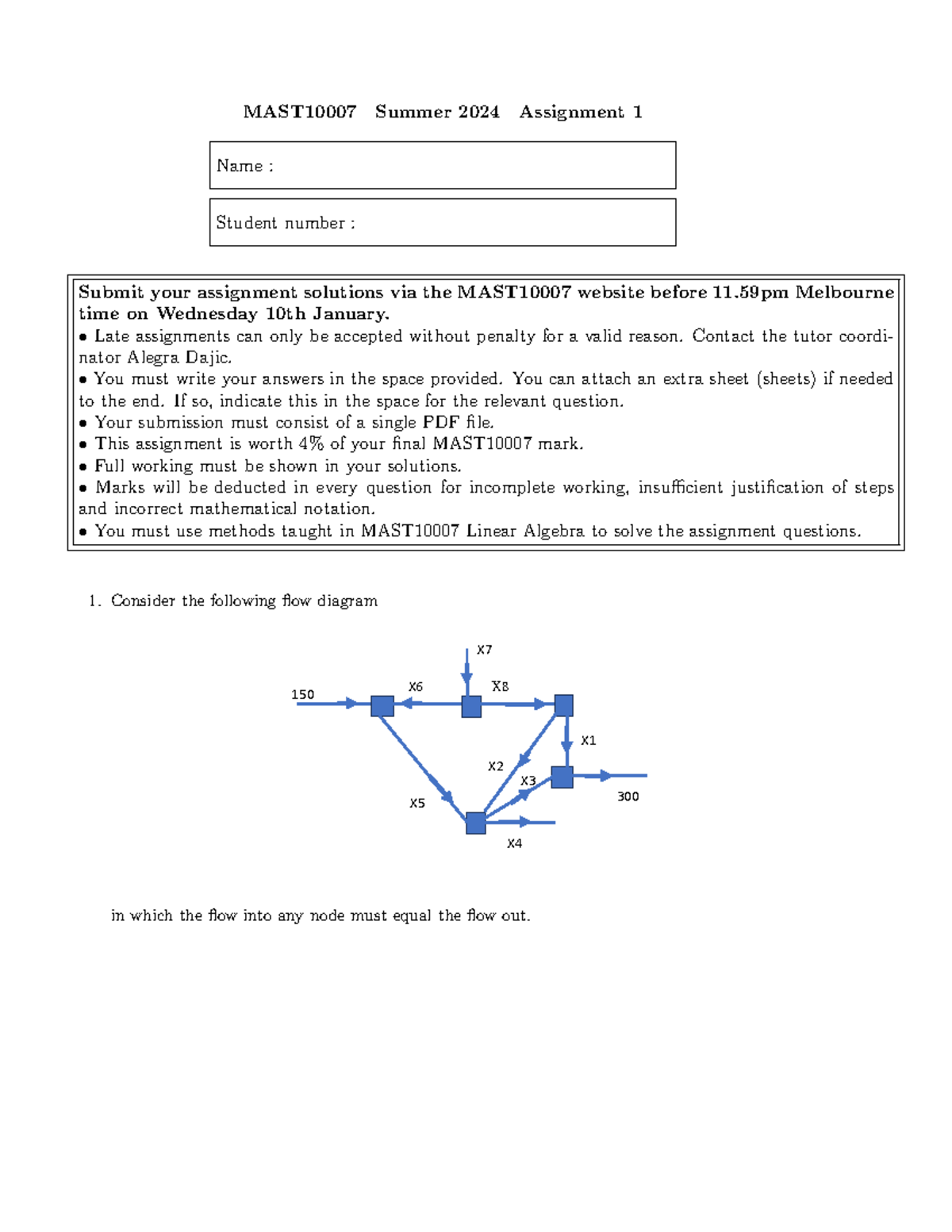 MST Practice Question - MAST10007 Summer 2024 Assignment 1 Name : Student number : Submit your ...