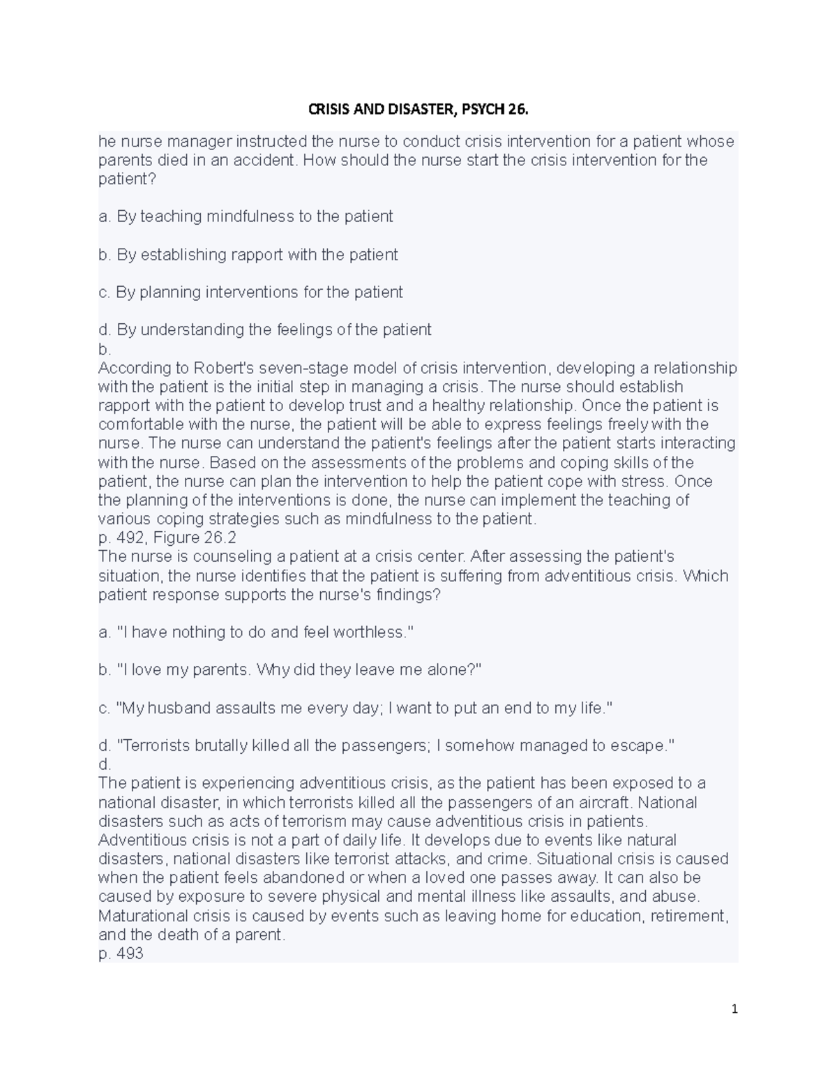 Crisis AND Disaster - Practice questions - CRISIS AND DISASTER, PSYCH ...