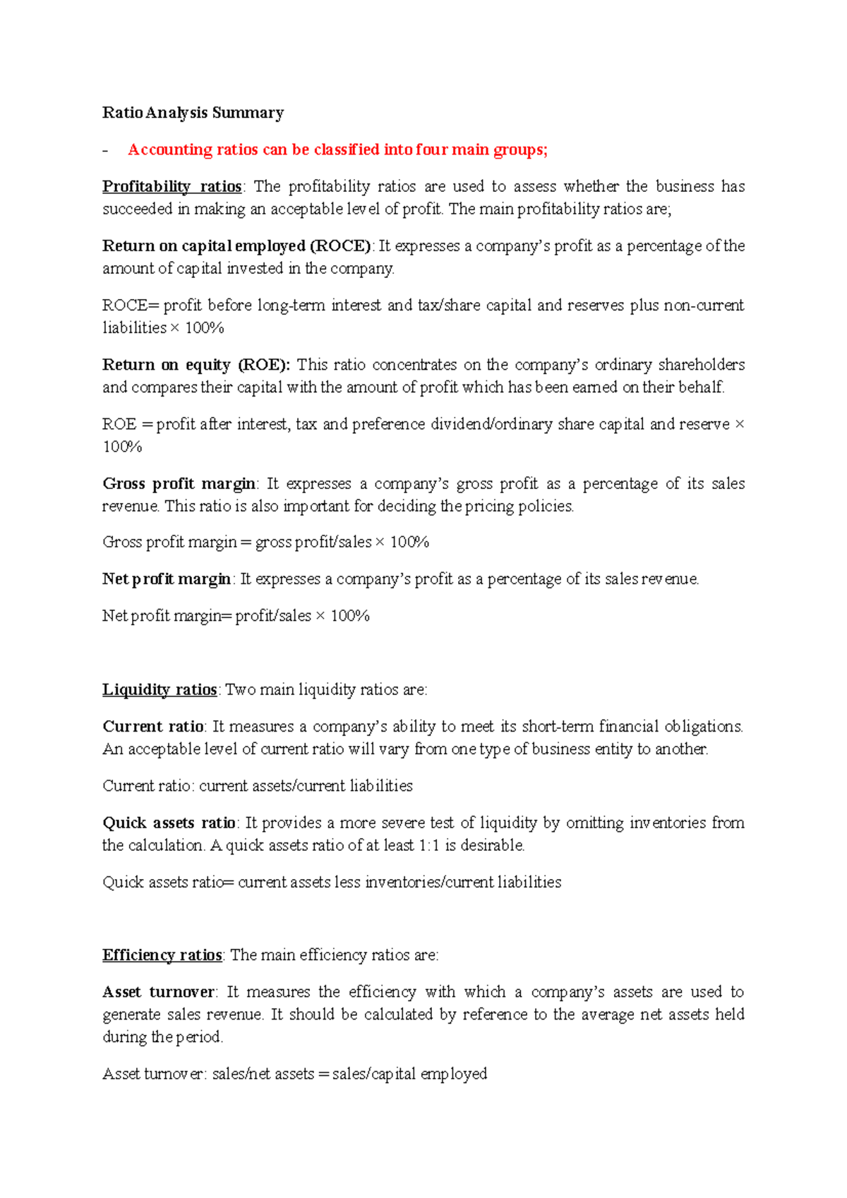 Ratio Analysis Summary - Ratio Analysis Summary Accounting ratios can ...