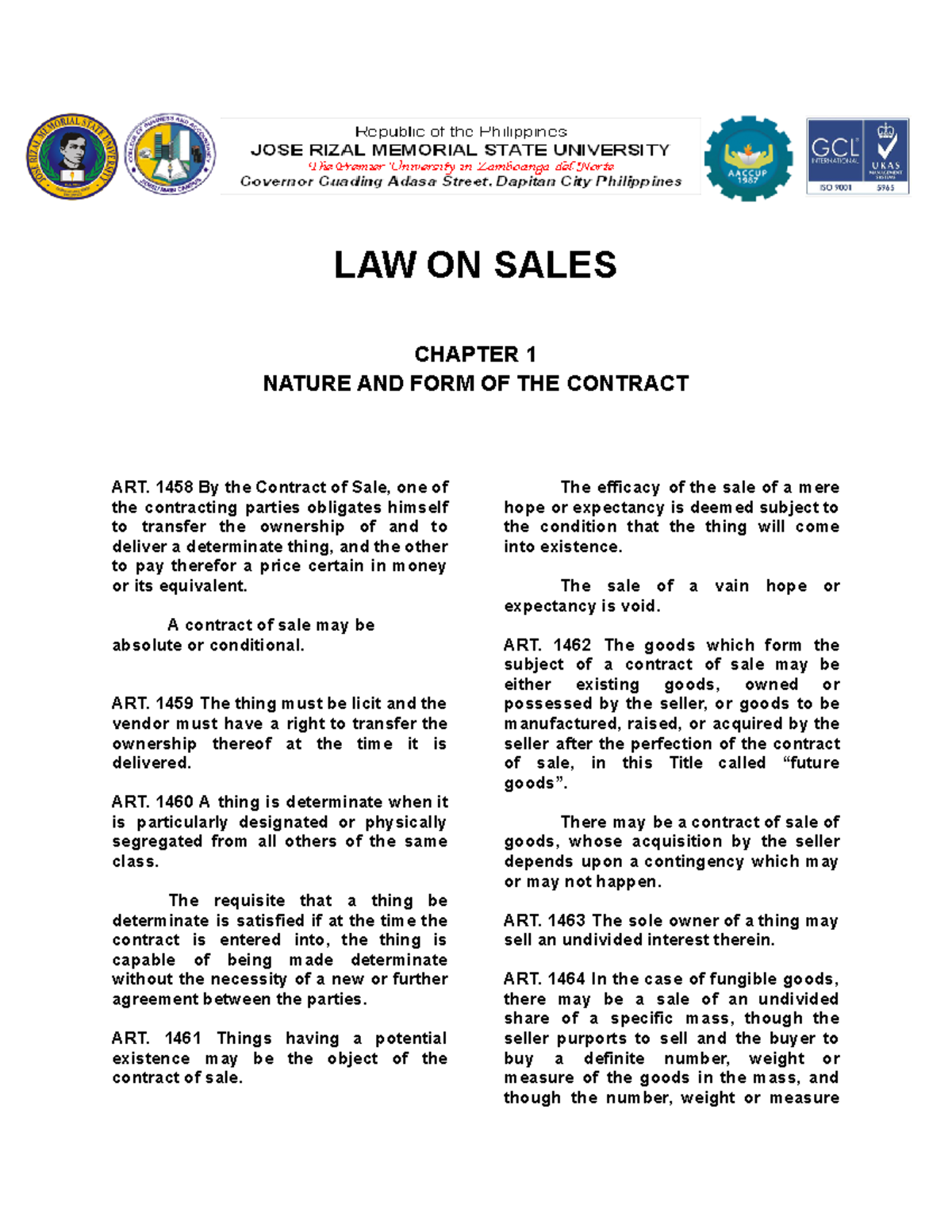 Regulatory Framework in Business - Law on Sales - LAW ON SALES CHAPTER ...